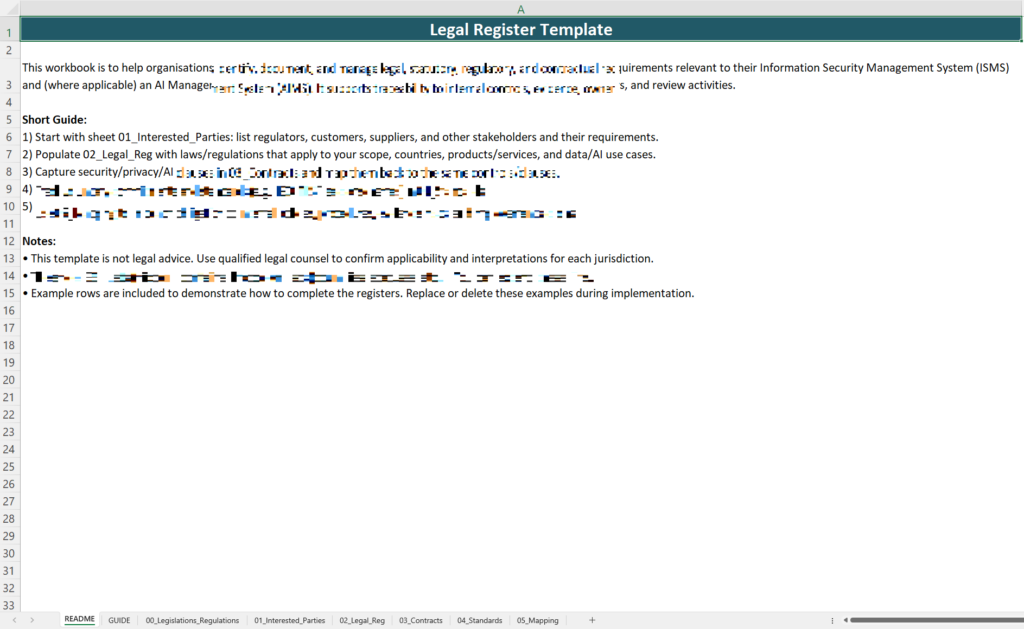 ISO 27001 & ISO 42001 Legal Register Template (Excel)
