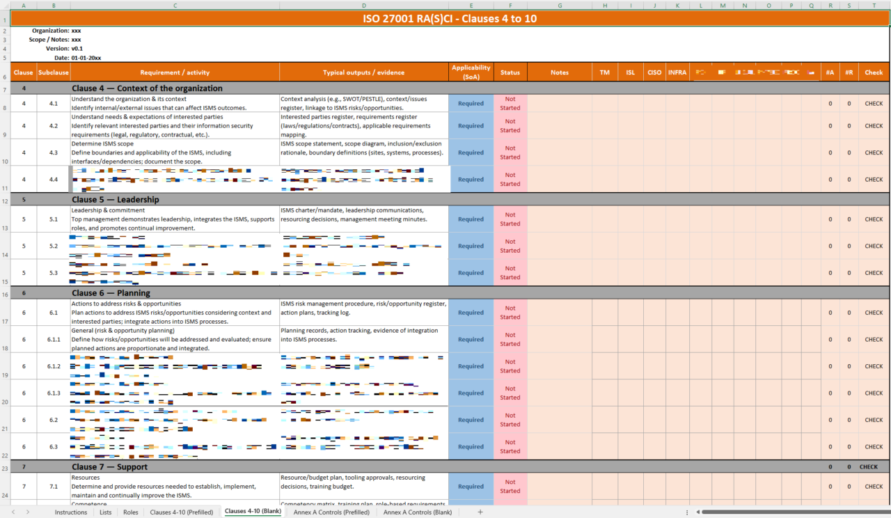 ISO 27001 & ISO 27002 RA(S)CI Matrix Template (Excel)