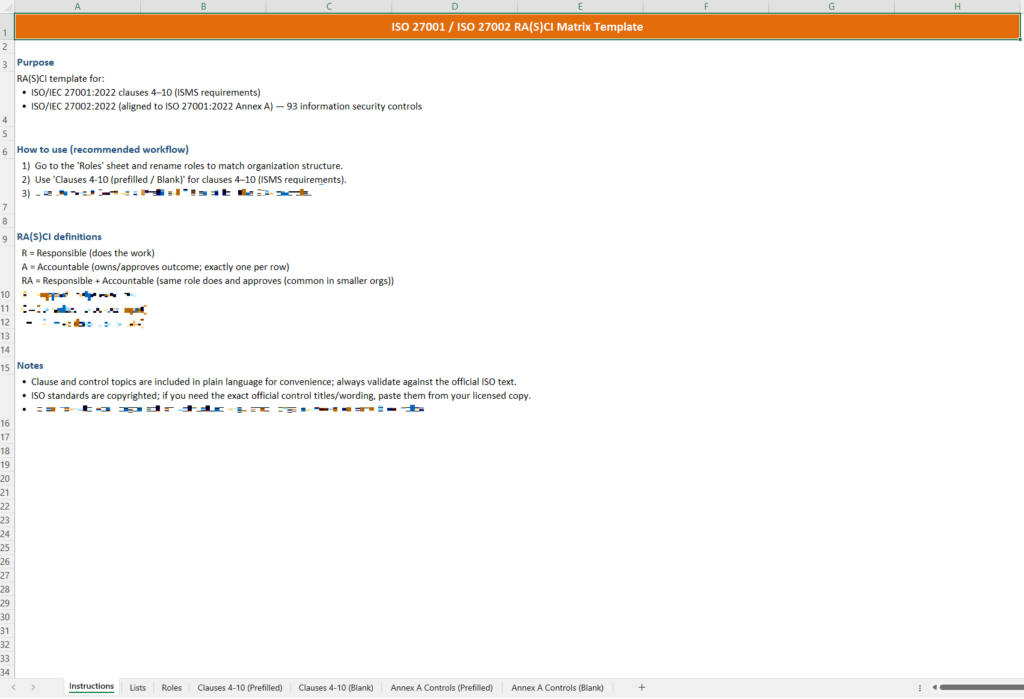 ISO 27001 & ISO 27002 RA(S)CI Matrix Template (Excel)