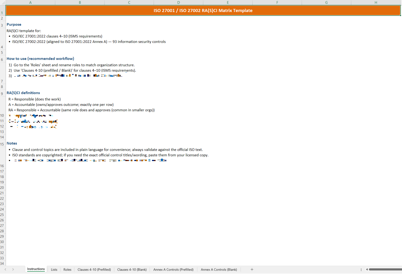 ISO 27001 & ISO 27002 RA(S)CI Matrix Template (Excel)